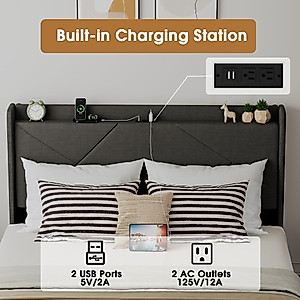 Lifezone Queen Bed Frame with Headboard, Queen Bed Frame with Charging Station, Upholstered Bed Frame with Wingback Shelf, Under-Bed Storage, No Box Spring Needed,Easily Assemble, Dark Grey