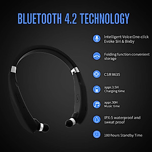 Bluetooth Foldable Headphones Neckband Wireless Headset Retractable Earbuds HD Stereo Noise Cancelling Earphones with Mic by CaYoumi (Call Vibrate Alert, 12 Hours Talktime, Black)