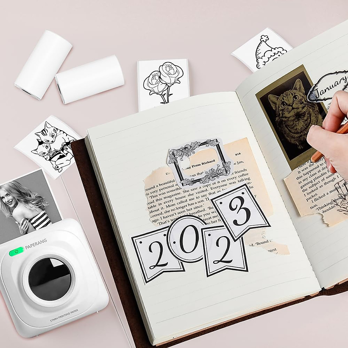 Greateam 57x30mm Thermal Sticker Paper Rolls Mini Printer Stickers for Study Notes Pictures and DIY, 6 Rolls Mini Inkless Thermal Printer Sticker Paper, Black on White