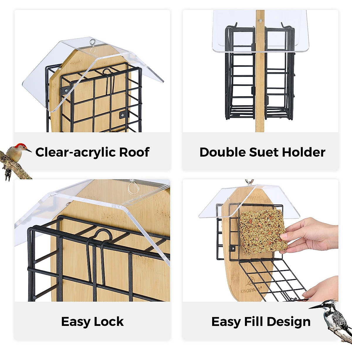 Kingsyard Double Suet Bird Feeder with Tail-Prop & Weatherproof Roof, Metal Cage Suet Feeders for Outside Hanging, Great for Woodpecker, Chickadee, Nuthatch