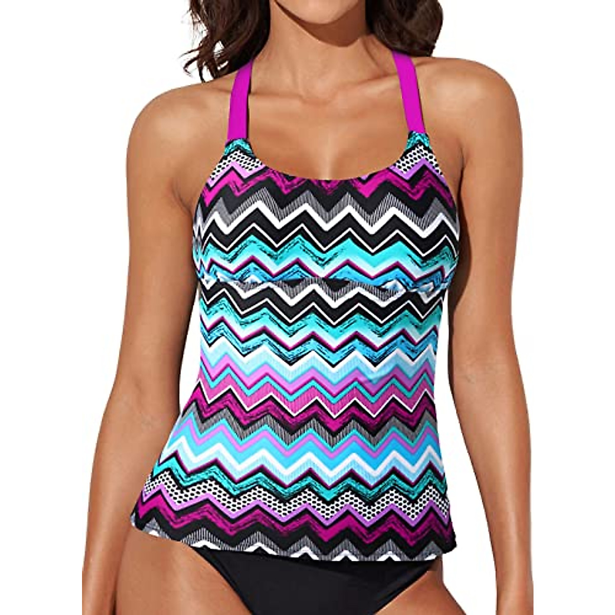Aleumdr Womens Ladies Striped Zigzag Print Color Block Open Back Bandeau Blouson Push up Tankini Swim Bikini Top No Bottom Swimsuit Bathing Suit Swimwear Purple Plus Size XL 14 16