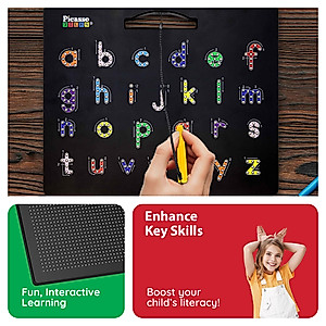 PicassoTiles 2-in-1 Magnetic Drawing Board Toy 12x10 inch Large Magnet Bead Tablet Pad with 2 Facings Alphabets STEM Educational Erasable & Reusable Learning Writing Playboard in Black PTB03