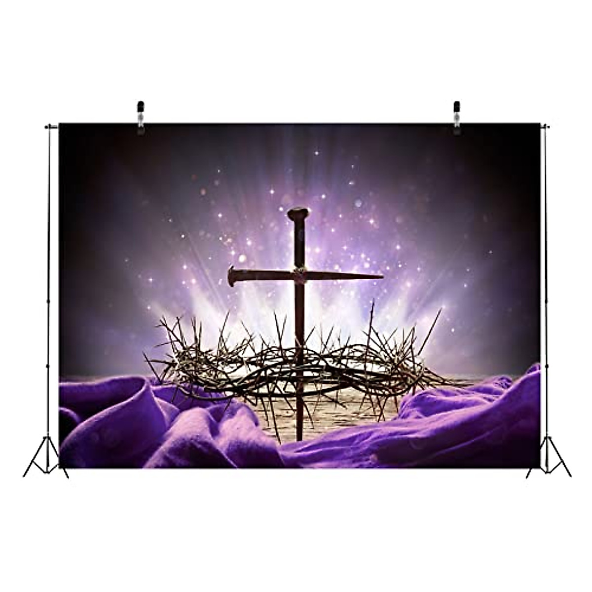 Loccor Fabric 7x5ft Crucifixion of Jesus Backdrop Crown of Thorns Cross Nail Holy Light Photography Background Purple Easter Religious Banner Christian Church Event Party Decoration Photo Booth Props