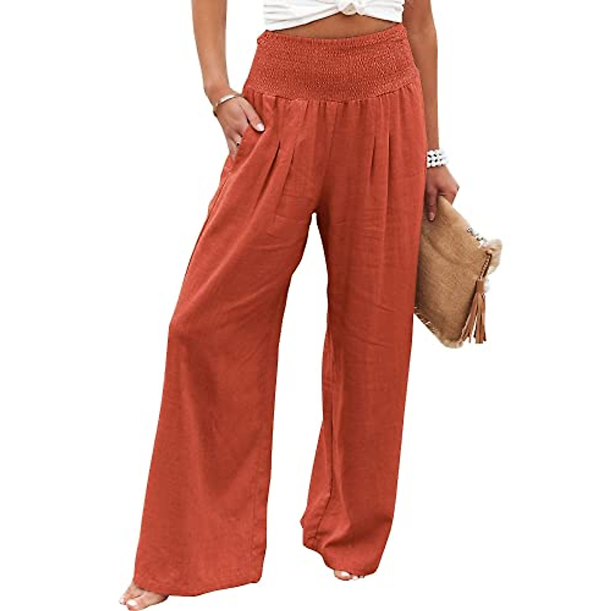 uSecee Linen Pants for Women Elastic High Waisted Wide Leg Palazzo Pants Casual Loose Long Lounge Pant Trousers with Pockets Orange