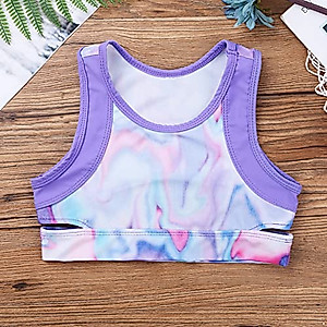 MSemis Girls' Kids 2-Piece Active Set Dance Sport Outfits Racer Back Top and Booty Short Gymnastics Dancing Clothes Tie Dye Purple 7-8