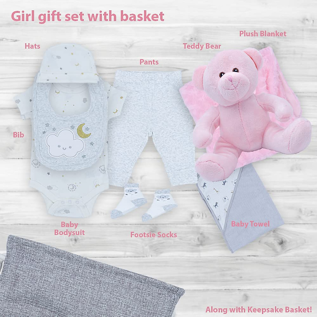 Baby Girl Newborn Essentials, Baby Shower Gifts with Decorated Gift Basket Set for Girls Including Blanket Bodysuit Towels and Washcloths Teddy Bear