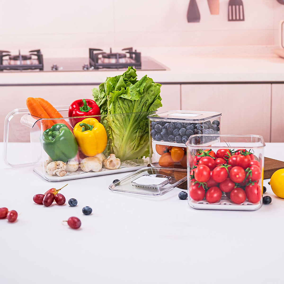 elabo Food Storage Containers Fridge Produce Saver- 3 Piece Set Stackable Refrigerator Organizer Keeper Drawers Bins Baskets with Lids and Removable Drain Tray for Veggie, Berry, Fruits and Vegetables