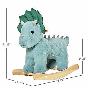 Qaba Kids Plush Ride-On Rocking Horse Triceratops-Shaped Plush Toy Rocker with Realistic Sounds for Child 36-72 Months Dark Green