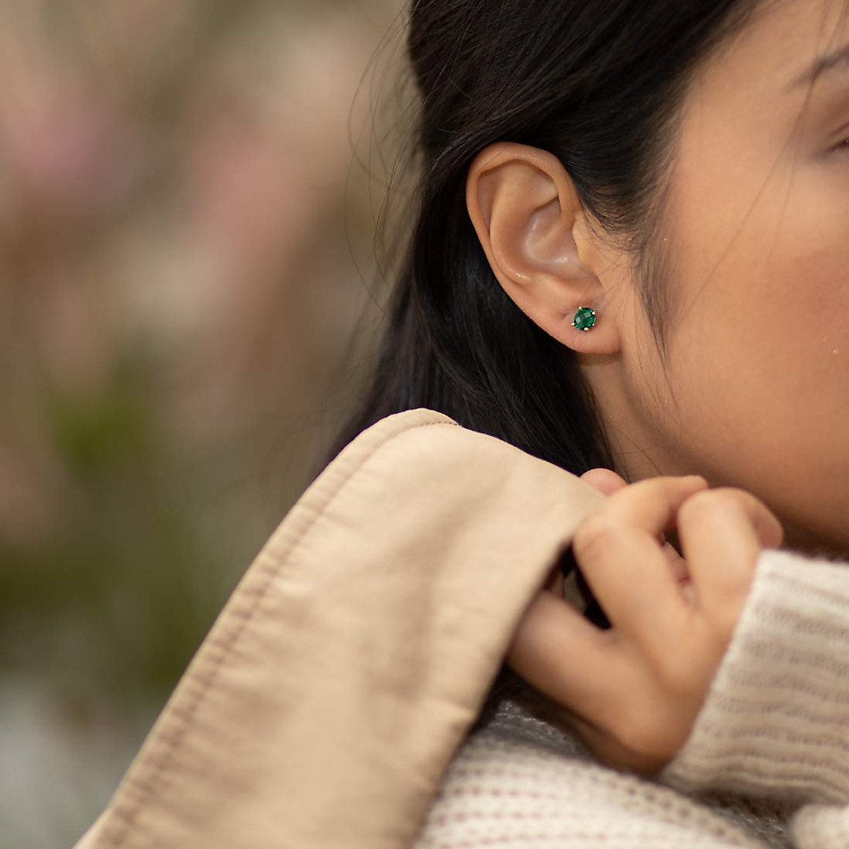 Peora Solid 14K White Gold Created Emerald Solitaire Stud Earrings for Women, Hypoallergenic 1.50 Carats total Round Shape AAA Grade, May Birthstone, Friction Backs