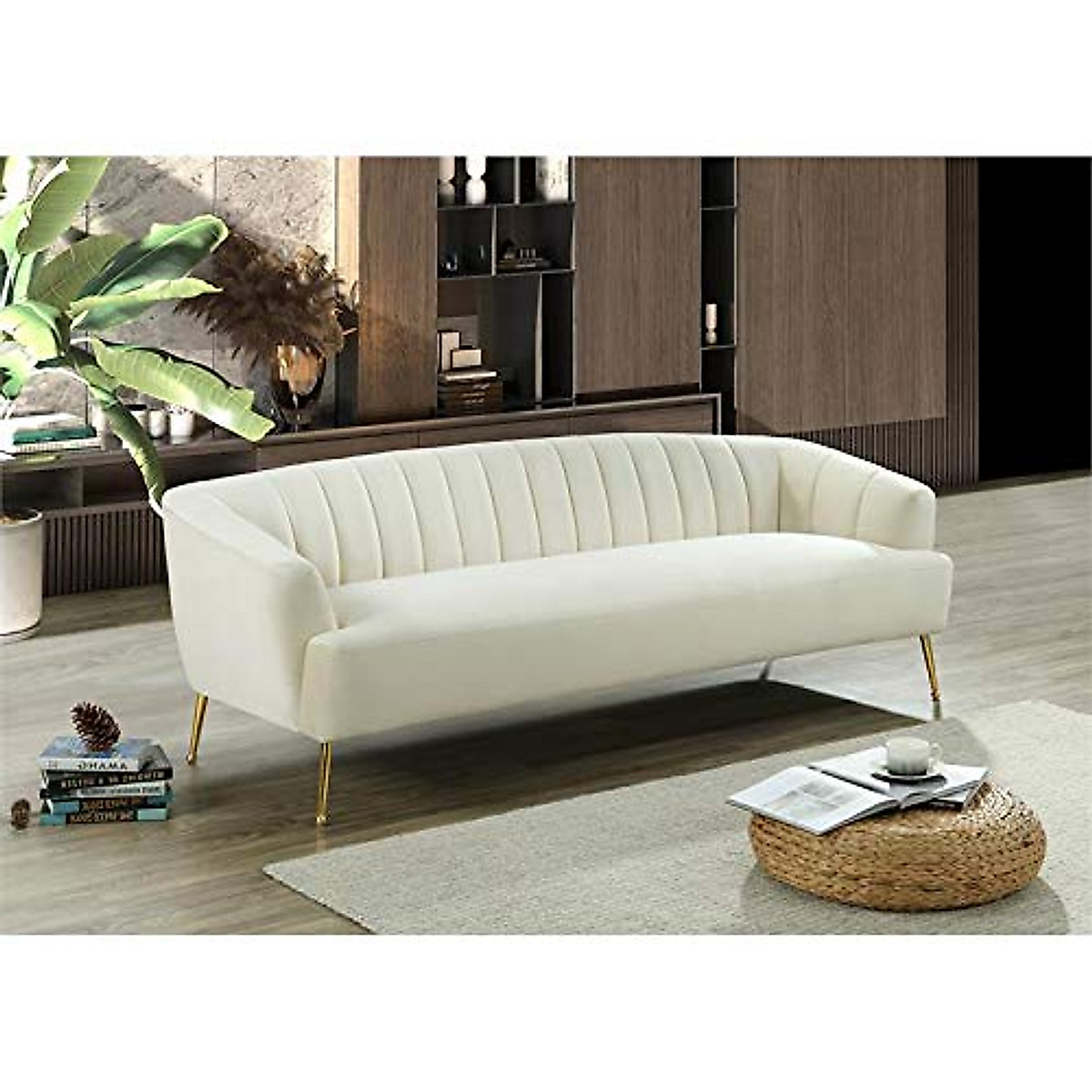 Meridian Furniture Tori Collection Modern | Contemporary Velvet Upholstered Sofa with Deep Channel Tufting and Ball Designed Custom Gold Legs, 84.50" W x 31.5" D x 29.75" H, Cream