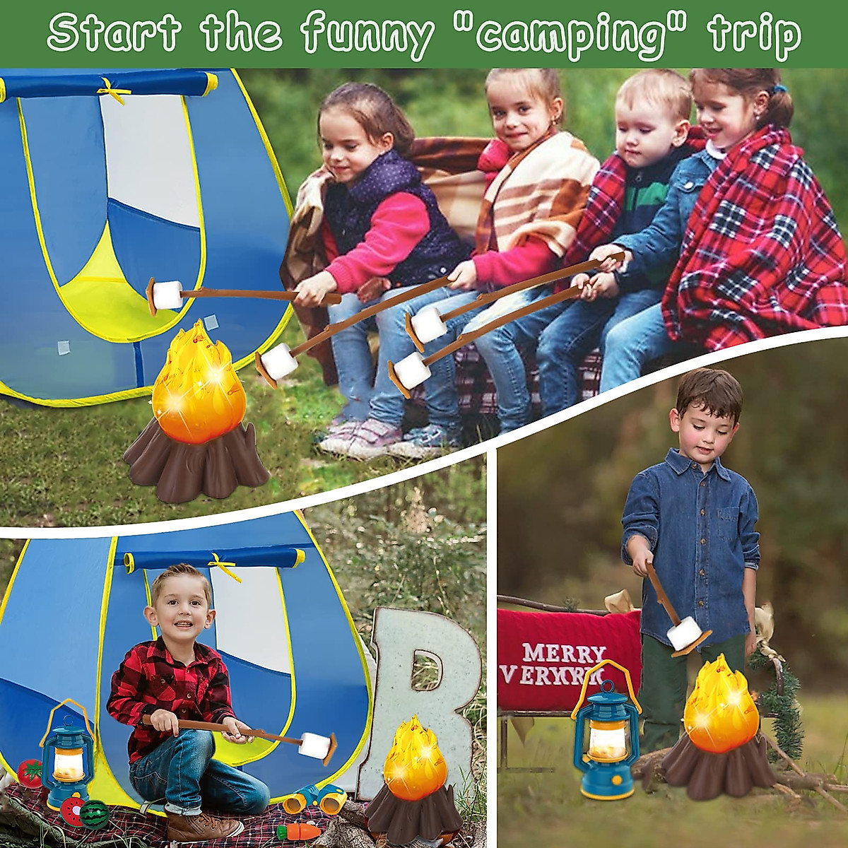 MITCIEN Kids Camping Set with Campfire, Play Tent , Binoculars, Oil Lantern, Toddlers Pretend Cutting Fruits, Marshmallow, Camping Toys Play Set for Boys Girls 3-5 Year Old and Up Indoor Outdoor Toys