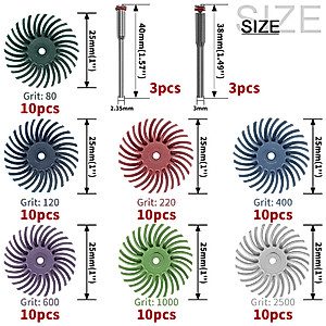76Pcs 1 Inch Mini Radial Bristle Disc Mix Kit with 2.35mm/3mm Mandrels for Rotary Tools Accessories Cleaning Deburring Sanding, Grit 80/120/220/400/600/1000/2500 Abrasive Buffing Wheel Polishing Bits