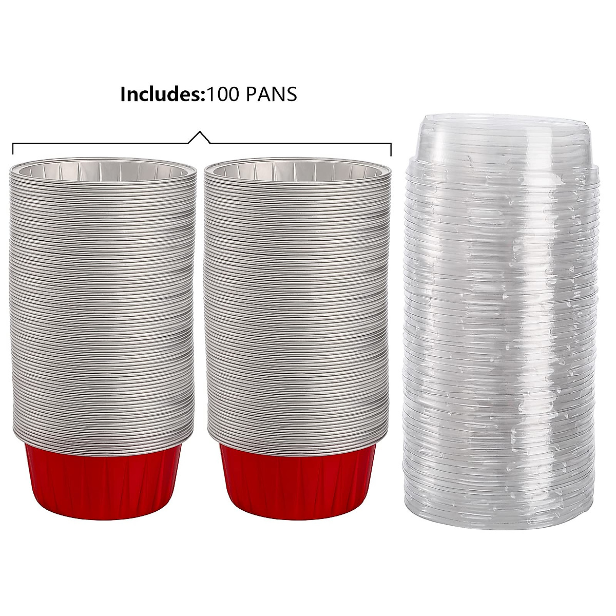 DEAYOU 100 Pack Aluminum Foil Ramekins with Lids, 5oz Muffin Cupcake Baking Liners Cups, 3" Round Disposable Recyclable Tart Pie Tin Pan Holder for Pudding, Party, Wedding, Oven Freezer Safe, Red