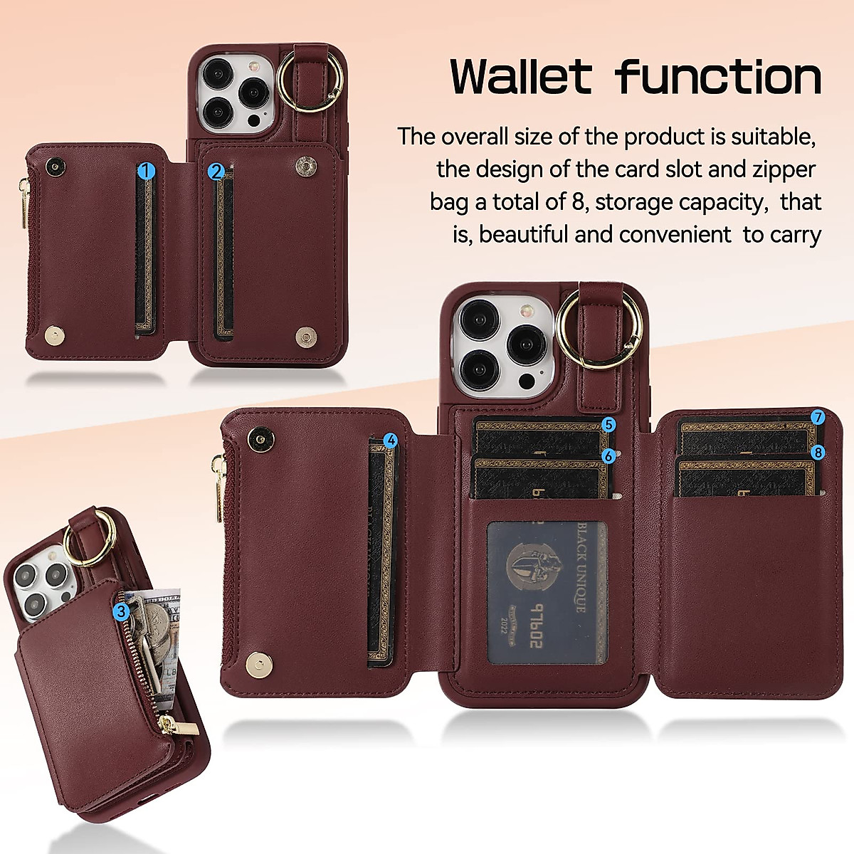 Furiet Wallet Case for iPhone 11 Pro 5.8 with Wrist Shoulder Strap Card Holder Ring StFlip PU Leather 6+ Slots Zipper RFID Blocking Phone Cover for iPhone11pro iPhone11 i XI 11s 11pro Wine Red