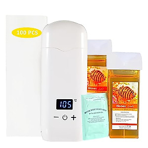 Digital Roll On Wax Kit, Thermostatic Roll On Wax Warmer for Hair Removal for Sensitive Skin,Portable at Home Waxing Kit for Women&Men, Depilatory Soft Honey Roller Waxing Kit - White