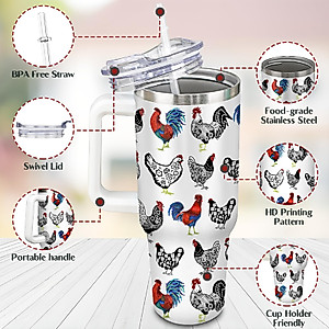 qoepfnsh 40 oz Chicken Tumbler with Handle and Straw, Boho Rooster Stainless Steel Vacuum Insulated Travel Coffee Mug Cup Water Bottle, Chicken Stuff Accessories Decor, Rooster Gifts for Women Girls