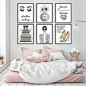 Glam Silver Fashion Wall Decor Girls Room Decor Wall Art Glitter Silver Fashion Lady Perfume Flower Book High Heels Posters Prints Women Bathroom Decor Bedroom Decor(8x10 inch Unframed, Silver)