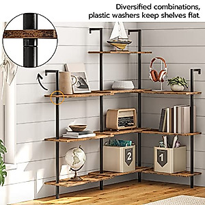 HOOBRO DIY Ladder Shelf Bookcase, 5-Tier Wall Mounted Ladder Bookshelf, Office Vertical Bookcase, Wooden Storage Shelves for Home Office, Bedroom, Living Room, Rustic Brown and Black BF53CJ01