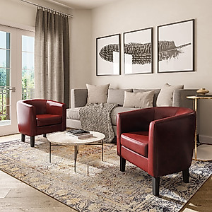 BELLEZE Living Room Chair, Faux Leather Round Accent Barrel Chair, Club Tub Sofa Chair for Bedroom, Corner Chair with Flared Legs and Cozy Soft Padding - Highland (Red)