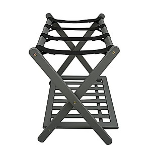 Casual Home Hotel Style Solid Pine Wooden Folding Luggage Rack with Bottom Shoe Storage Shelf for House Guests or Travel, Gray