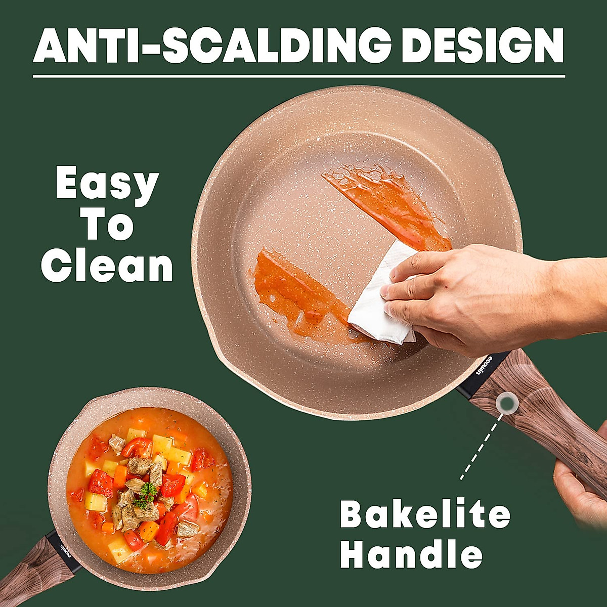 Ecowin 1.5 Quart Saucepan with Lid, Non Stick Small Sauce Pot with Pour Spout, Nonstick Granite Coating Small Pot with Bakelite Handle, Induction Compatible, Dishwasher and Oven Safe, PFOA Free