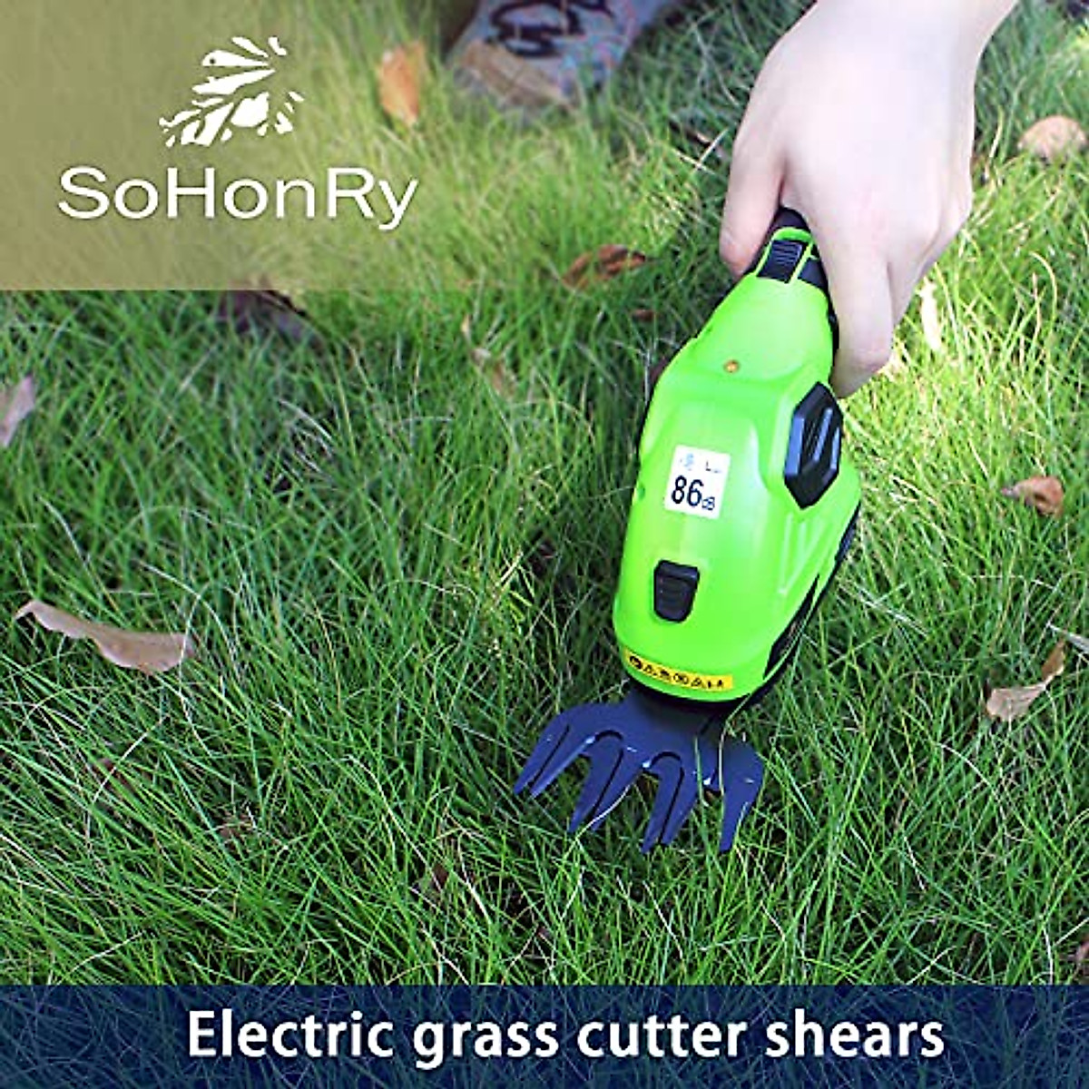 SOHONRY 2 in 1 Cordless Grass Shears Handheld Grass Hedge Trimmer, Electric Grass Clippers Shrub Bush Trimmer for Garden, with Rechargeable 8V Battery and Charger Included