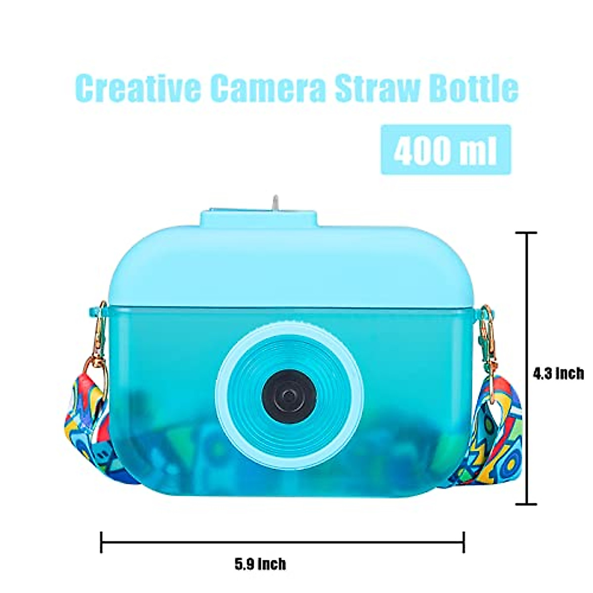 ORIJOYNA 13 oz Cute Water Bottle with Straw - Camera Shape Water Cup with Adjustable Shoulder Straps - Ideal Kawaii Gift for School (Blue)