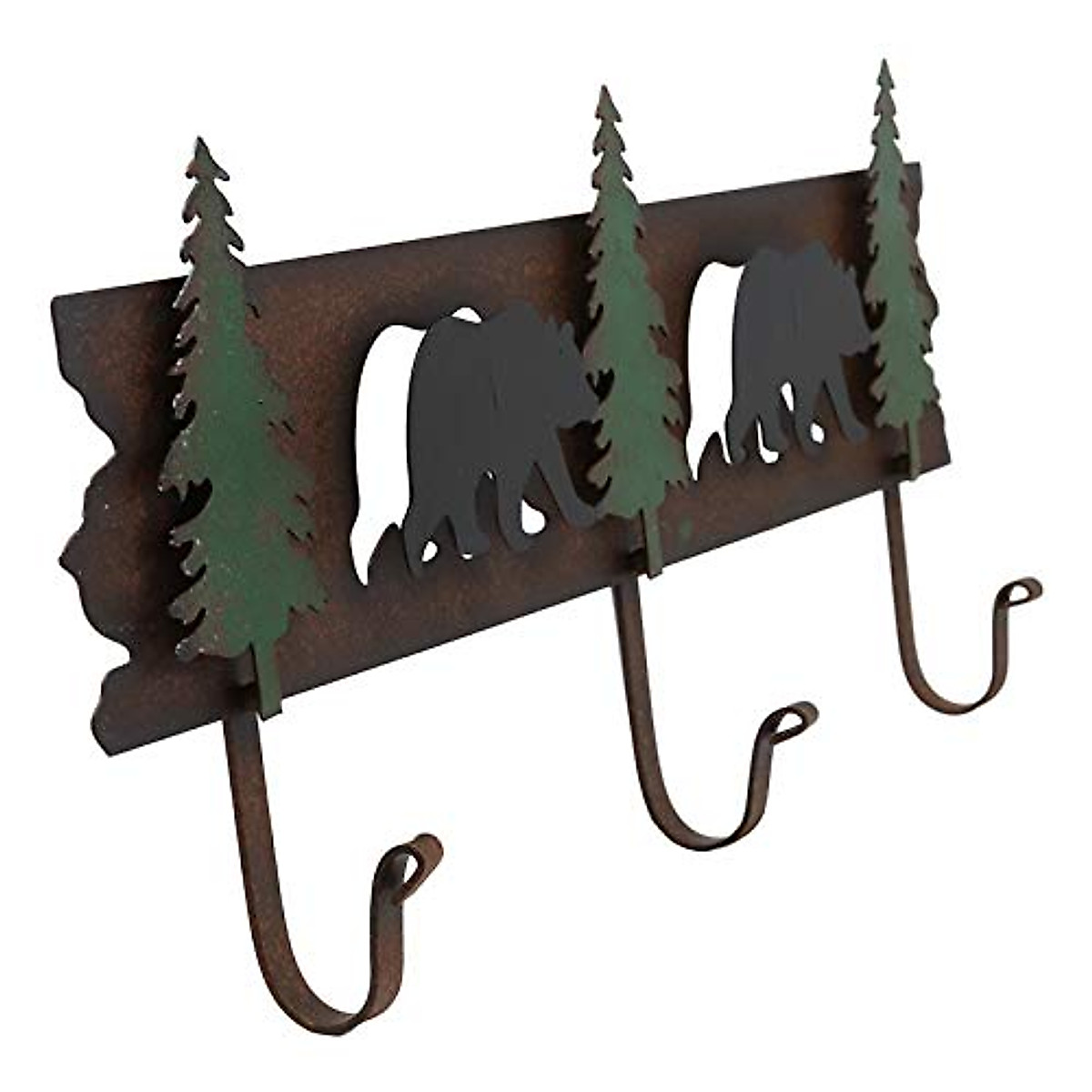 Ebros Western Rustic 2 Roaming Black Bear Silhouettes And 3 Green Pine Trees 3-Peg Cast Iron Wall Hooks 20.25"Wide Hanger 3D Abstract Art Forest Bears Coat Hat Keys Hook Decor Hanging Sculpture Plaque