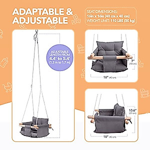 CaTeam - Canvas Baby Swing, Wooden Hanging Swing Seat Chair with Safety Belt, Durable Baby Hammock Chair, Outdoor and Indoor Swing for Kids, Mounting Hardware Included, Dark Gray