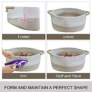 HIFEASTS Cotton Rope Storage Basket with Handles, 17 "L x 12.5" W x 8.5 "H, Home Decor Basket, Towel Basket, Cute Storage Basket for Books and Magazines (White & Light Khaki, 1 PCS)