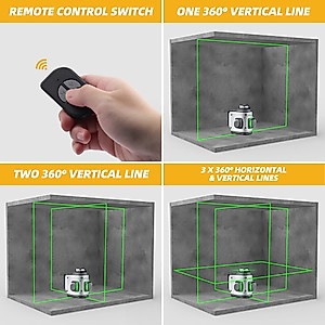 URASISTO 3D Cross Line Self-leveling Laser Level, 3 x 360 Horizontal/Vertical Green Beam Three-Plane Leveling and Alignment Laser Tool, Li-ion Rechargeable Battery, Remote Control&Portable Carry Bag