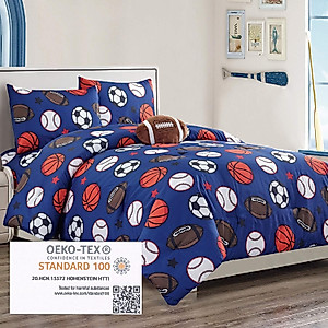 WPM Kids Collection Bedding 4 Piece Blue Twin Size Comforter Set with Sheet Pillow sham and Plush Football Pillow Soccer Baseball Basketball Fun Sports Design (Football, Twin Comforter)