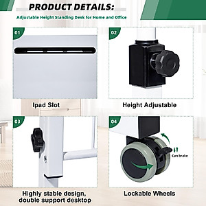 Standing Desk Adjustable Height Portable Mobile Laptop Desk Treadmill Desk for Walk Rolling Wheel Desk Sit to Stand White