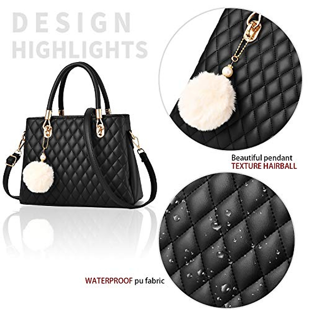 Womens Leather Handbag Purses Top Handle Quilted Shoulder Bag Totes Satchel for Ladies with Pompon
