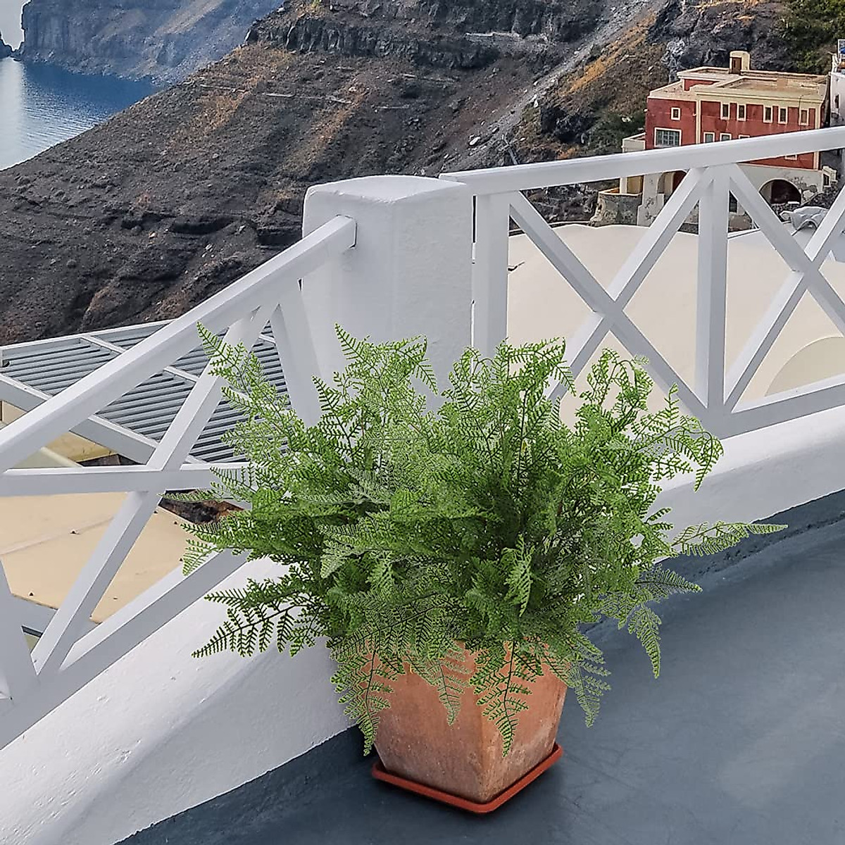 PLANT Artificial Boston Fern Plants Large Dusty Green Fake Greenery Shrubs 2 Pcs Faux Plant Bushes for Home Garden Office Farmhouse Indoor Outdoor Decor, 19 Inch