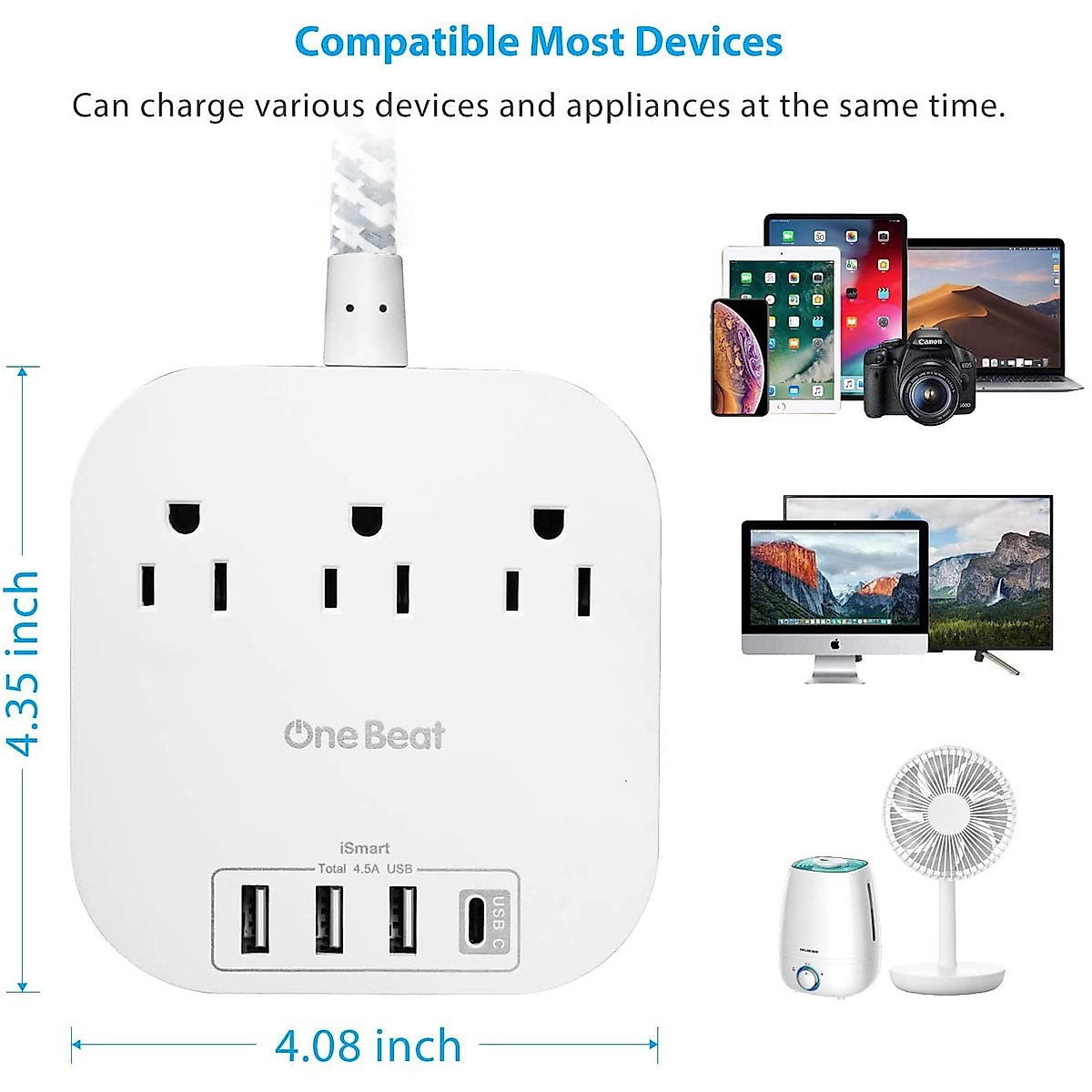 USB C Power Strip, 3 Outlet Multi Plug Outlet Extender, 5 Ft Extension Cord with Multiple Outlet with No Surge Protection