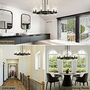 Knurldon 12-Light Black Round Chandelier 36'' Wagon Wheel Chandeliers for Dining Room Light Fixture Clear Glass Tube Chandelier Modern Farmhouse Chandeliers for Living Room Bedroom, Bulb Included