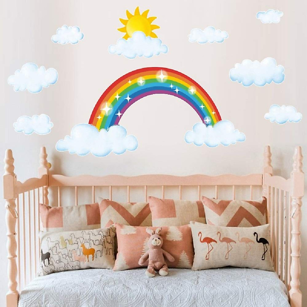 Large Sparkling Rainbow Wall Decal 21.6 x43.7inch, Rainbow Cloud Sun Wall Sticker, Peel and Stick Removable Rainbow with Sun Clouds Wall Stickers Wall Mural for Kids Nursery Bedroom