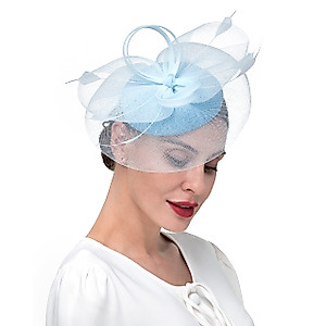 Zivyes Light Blue Tea Party Hat Feather Fascinators for Women Kentucky Derby Hats Wedding Church Pillbox Hat