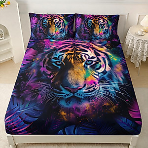 AILONEN Tiger Fitted Sheet Set Twin Size,Colorful Jungle Tiger Bed Sheet Set for Bedroom Decor,3 Pieces Wild Animal Sheet Set Soft Twin Fitted Sheet with 2 Pillowcases for Kids Boys Teens