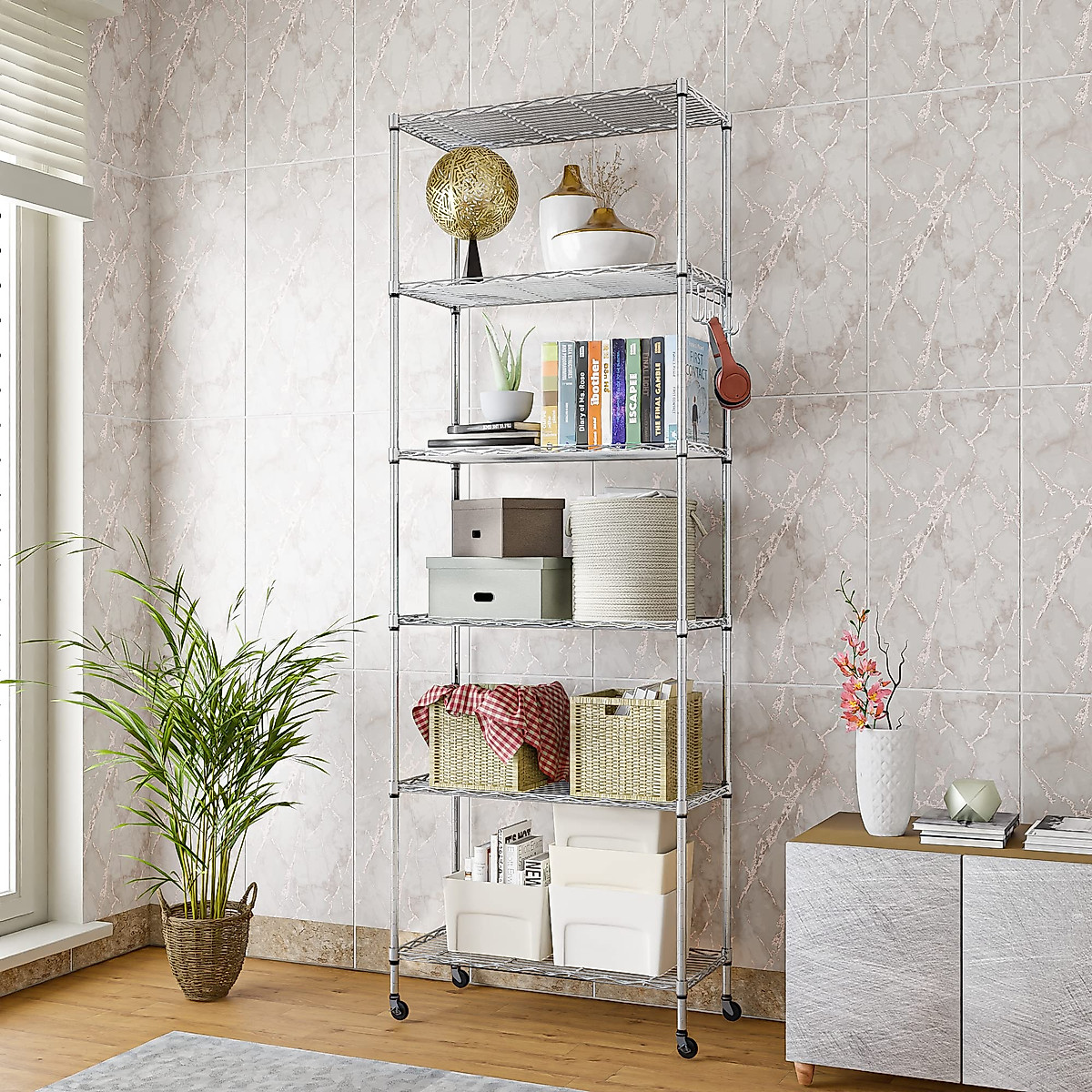 Homdox 6 Tier Wire Shelving Unit on Wheels, Storage Shelves for Garage Kitchen Living Room, Heavy Duty Shelving Rack, 21.26 x 11.42 x 72.05 inch (L x W x H)