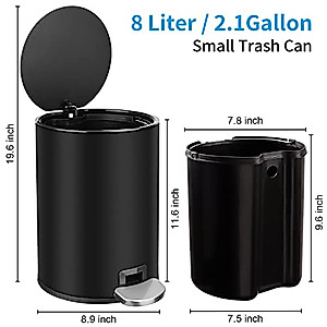 CURIFYPN 8 Liter/2.1 Gallon Small Trash Can with Lid Soft Close, Stainless Steel Step Trash Can,Round Foot Pedal Garbage Can with Removable Inner Wastebasket for Bathroom,Kitchen,Bedroom,Office, Black