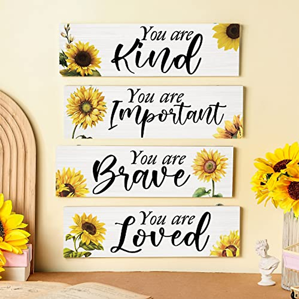 4 Pcs Sunflowers Inspirational Wall Decors Sunflower Gifts for Woman You Are Kind Wall Art Rustic Wood Sign Hanging Decoration for Living Room Bedroom Bathroom Door Decor (Inspirational Sunflower)