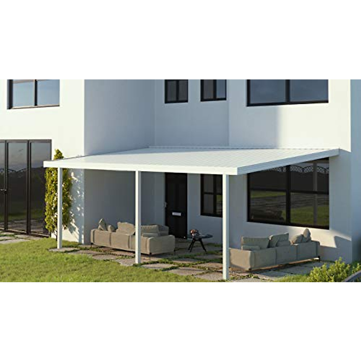 Four Seasons Outdoor Living Solutions Optima Series 22X12ft High-Grade Aluminum Attached Solid Outdoor Patio Cover Awning, 3 Posts, 20 Lb. Snow Load, White
