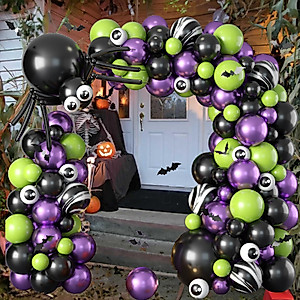 Halloween Balloons Garland Arch Kit Black Purple Green Lime Fruit Green Latex Balloon Metallic Purple Agate Black Long Balloons White Eye Balloons for Halloween Spider Party Decorations