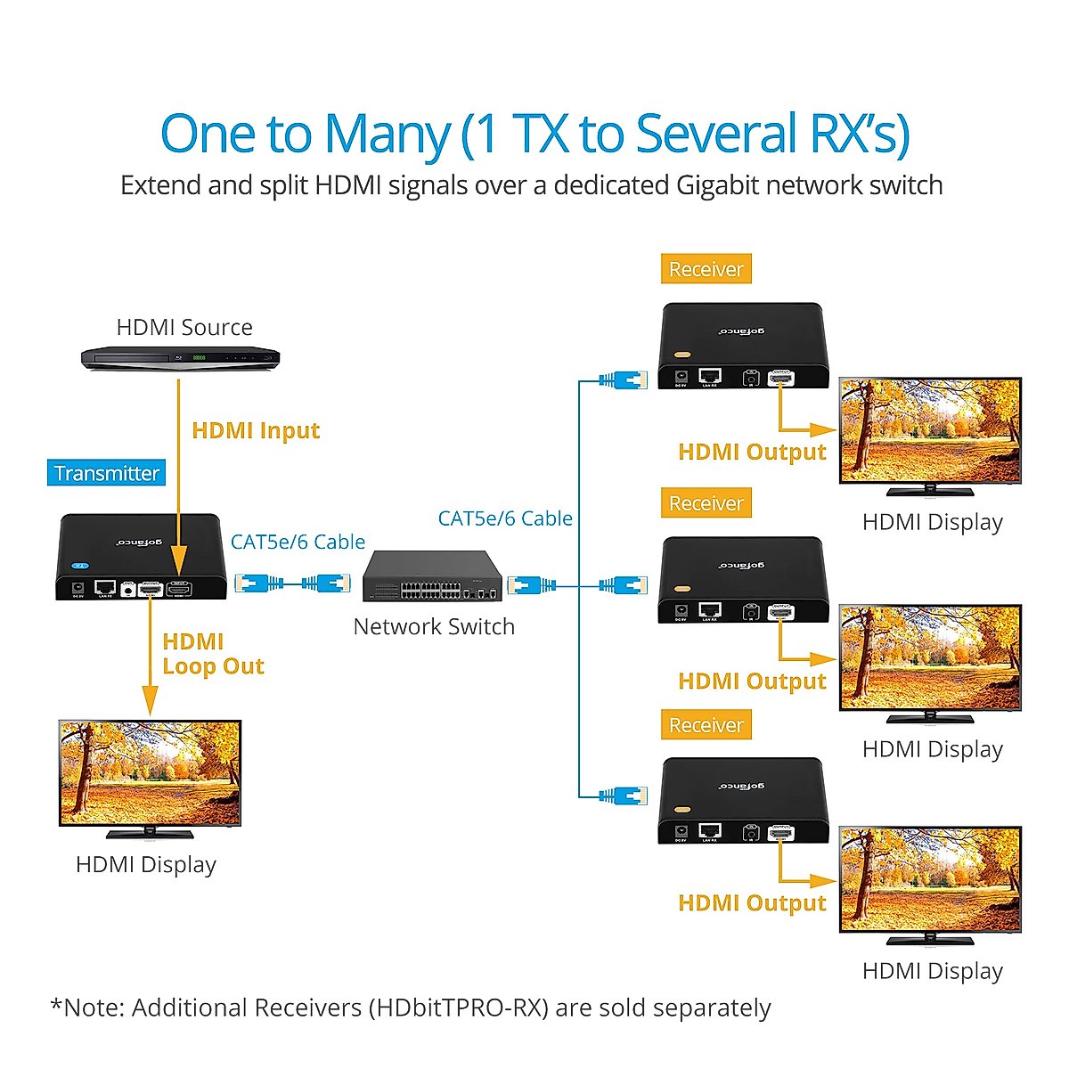 gofanco 1080p HDMI Extender Over IP Kit - 395ft/120m, 1-to-1 Over CAT5e/6, 1-to-Many Over 1G Gigabit Ethernet Switch, Network LAN, VLAN, Scalable, Loopout, IR Extension (Part# HDBitTPRO, New v2.0)
