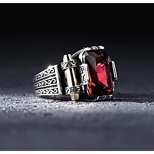 Men Silver Ruby Stone Ring, Square Stone Man Ring, Turkish Silver Handmade Ring, Zircon Stone Ring, 925k Sterling Silver Ring