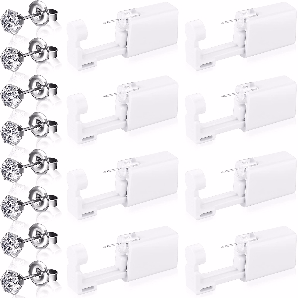 Mudder 8 Pieces Self Disposable Ear Piercing Kit Safety Portable Nose Mouse Piercing Tools with Crystal Ear Studs (White)
