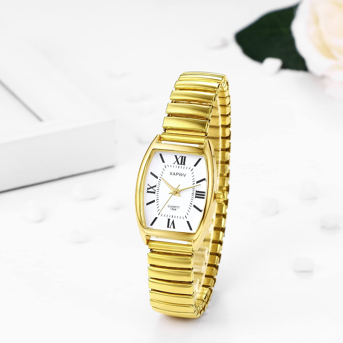 JewelryWe Women's Ultra Thin Easy Reader Watch with Elastic Strap, Golden/Silver Watch