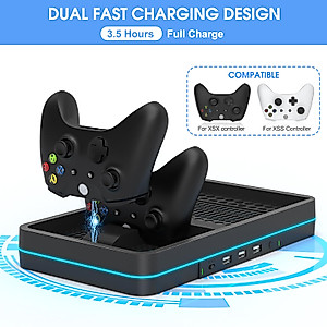 KEPLUG Dual Cooling Fan and Cooling Stand for Xbox Series X/S Console/Controller,Xbox Dual Controller Charger Station with RGB LED Light & 3 USB Ports,Xbox Series x Accessories with 2 Headphone Hooks